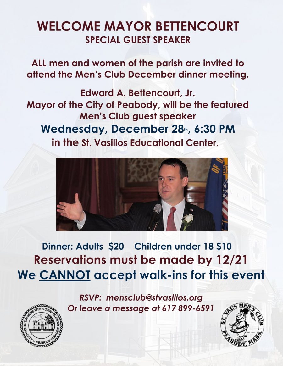 Mayor Bettencourt to speak at the Men's Club Dinner Peabody MA